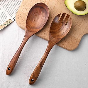 LOVEINUSA Salad Servers, 10.7in Wood Salad Tongs Salad Serving Set Salad Serving Tossing Utensils for Mixing, Tossing and Cooking