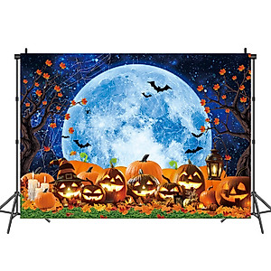 Halloween Backdrop for Photography 7x5FT Halloween Full Moon Night Background Horrible Pumpkin Lantern Maple Leaf Halloween Theme Baby Shower Birthday Party Decoration Photo Booth Props
