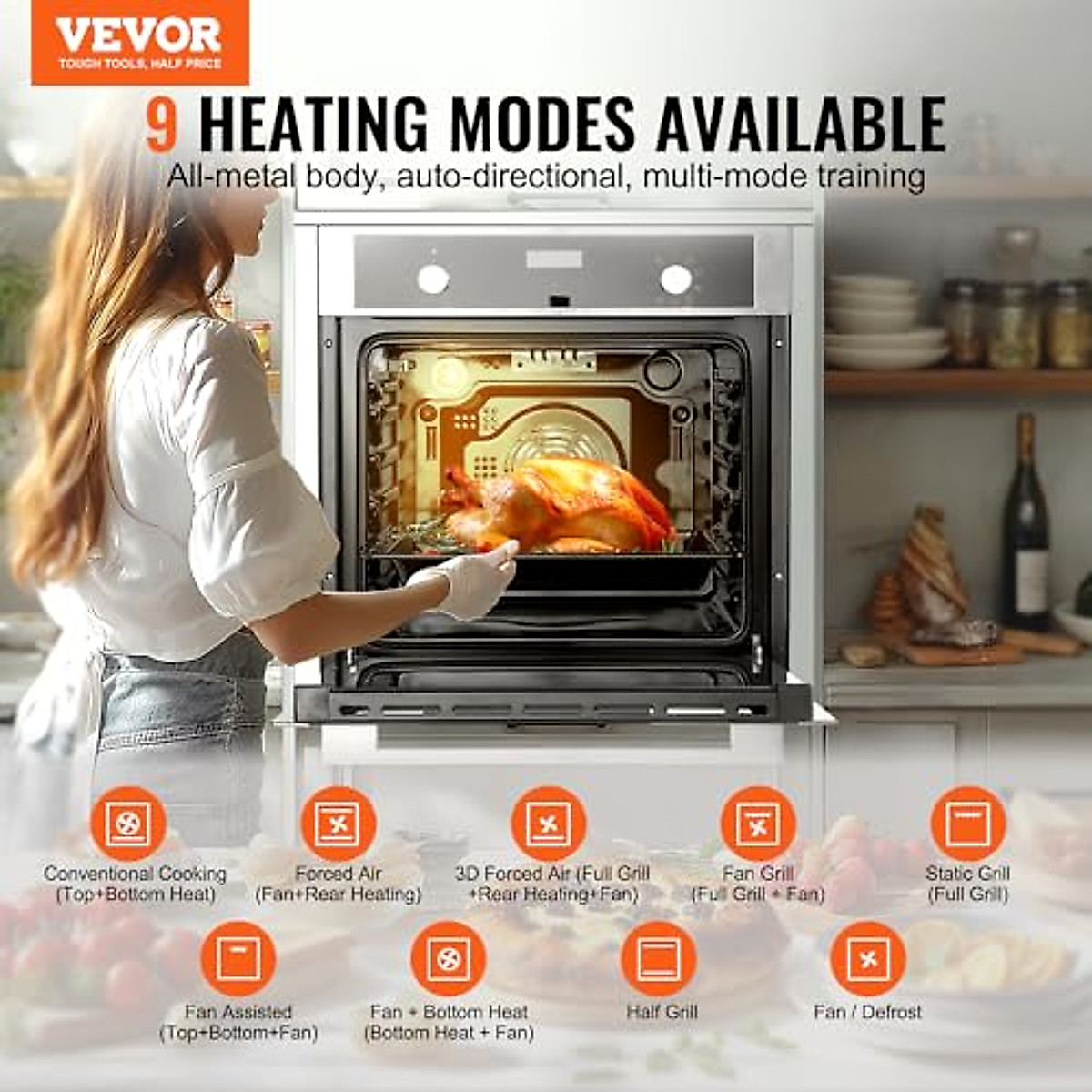 VEVOR Wall Oven, 24 inch Electric Built-in Wall Oven with 9 Cooking Functions, 2.68 Cu.Ft Convection Wall Oven with Digital Timer, Electric Single Wall Oven with Baking Rack and Tray, for Kitchen