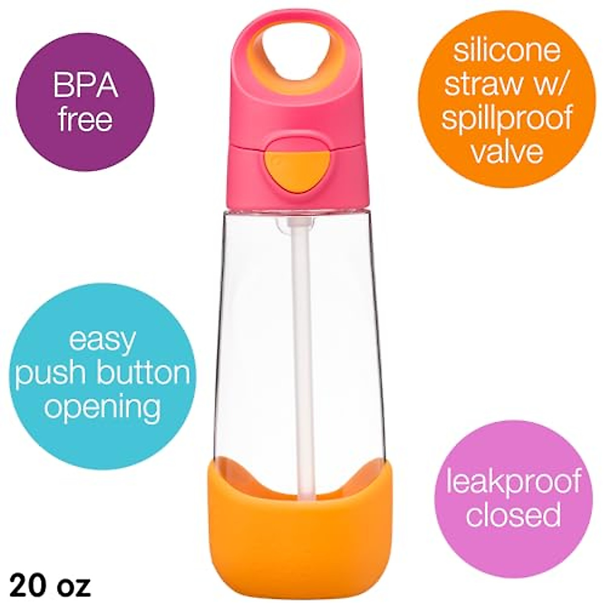 b.box 20 oz Tritan Drink Bottle: Kids Water Bottle with Straw and Lid for School, Sports, Travel, Daycare. Spill Proof & Leak Proof. Easy Grip Triangle Shape. BPA Free, Dishwasher Safe.