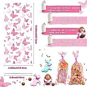 100 Pieces Butterflies Cellophane Goody Bags Plastic Butterfly Candy Bag Butterfly Treat Bags with 100 Pieces Silver Twist Ties for Butterfly Theme Baby Shower Birthday Party Dessert Decors (Pink)