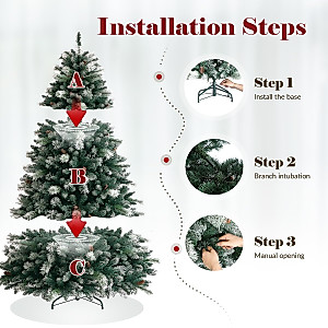 OasisCraft 6.5ft Pre-lit Snowy Aspen Spruce Christmas Tree, Full Flocked Christmas Tree with Lights, Metal Stand, for Home Office Party Decoration