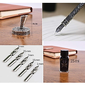 Vintage Antique Feather Pen Stem Metal Writing Quill Pen Set Calligraphy Pen Metal Carving Appearance,with 5 PCS Nibs (Blue Peacock)