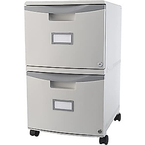 Storex Plastic Two-Drawer File Cabinet – Locking Document Organizer with Casters for Home and Office, Gray, 1-Pack (61310B01C)