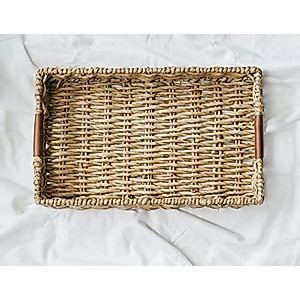 Large Decorative Rattan Woven Serving Tray + Leather Handles 20''x12’,Rectangle Wicker Centerpiece,Boho Kitchen + Home Decor Basket,Coffee Table Organizer,Summit Living,All Occasions Tan