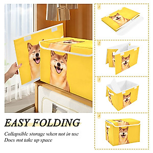 Wusikd Shiba Inu Dog Storage Basket Yellow Storage Boxes with Lids and Handle, Large Storage Cube Bin Collapsible for Shelves Closet Bedroom Living Room, 16.5x12.6x11.8 In