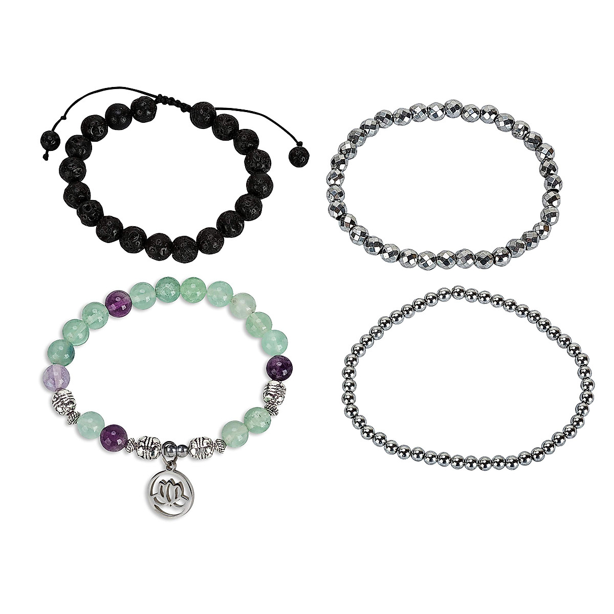 SPUNKYsoul Purple & Green Fluorite Lotus New Beginnings Bracelet Hematite for healing Stack Bracelet Set Collection