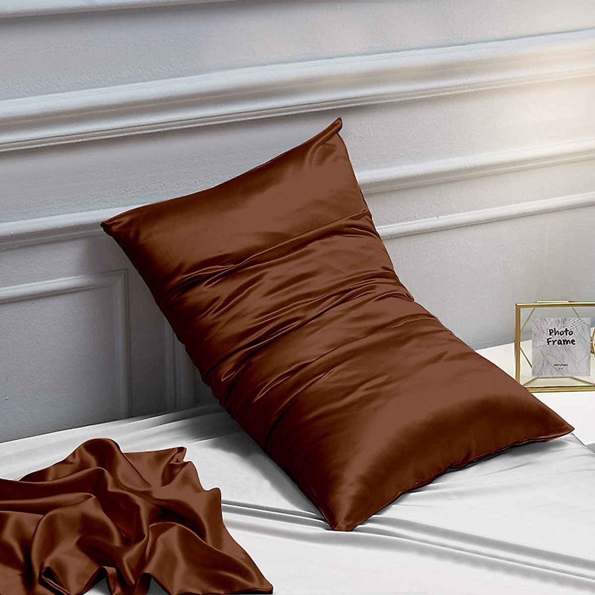 NTBAY 2 Pack Satin Standard Pillowcases for Hair and Skin, Luxurious and Silky Pillow Cases with Envelope Closure, 20x26 Inches, Brown
