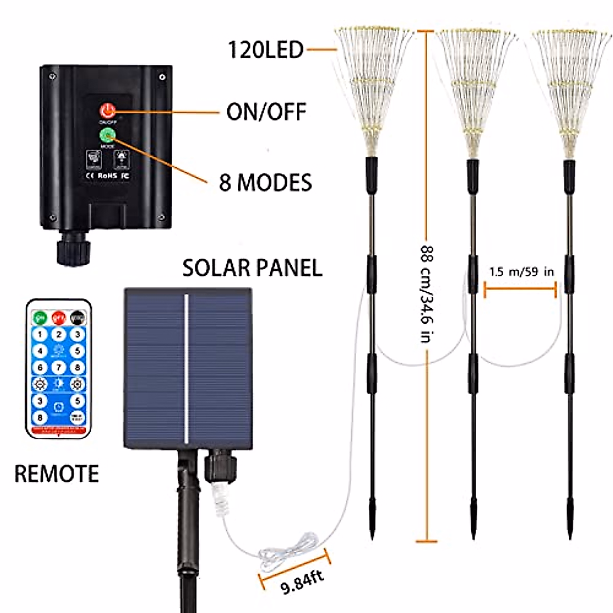 Upgrated 3 Pack Solar Garden Path Lights with Remote, 120 LED Solar Firework String Lights Outdoor, 8 Modes Landscape Stake Lights for Walkway Backyard Patio Christmas Wedding Party (Warm White)