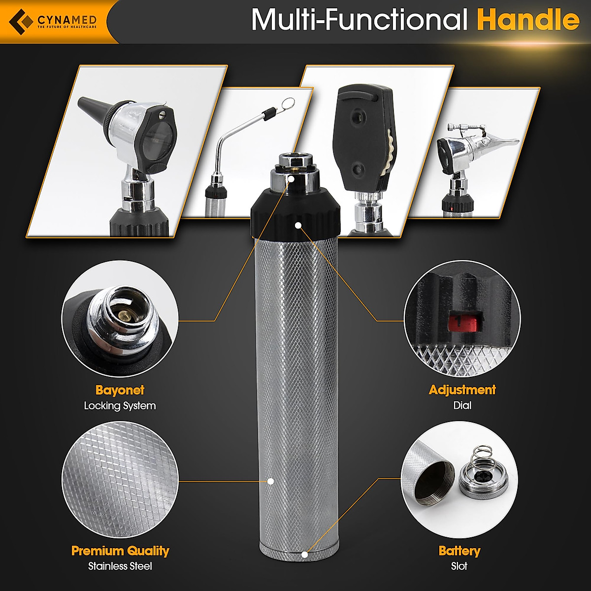 CynaMed ENT Diagnostic Kit - Ear, Nose, Throat Examination Instruments Set - Otoscope, Opthalmoscope, Earwax Remover, Nasal Dilator, Speculum, LED Lights, Mirrors, Replacement Tips, Leather Carry Bag