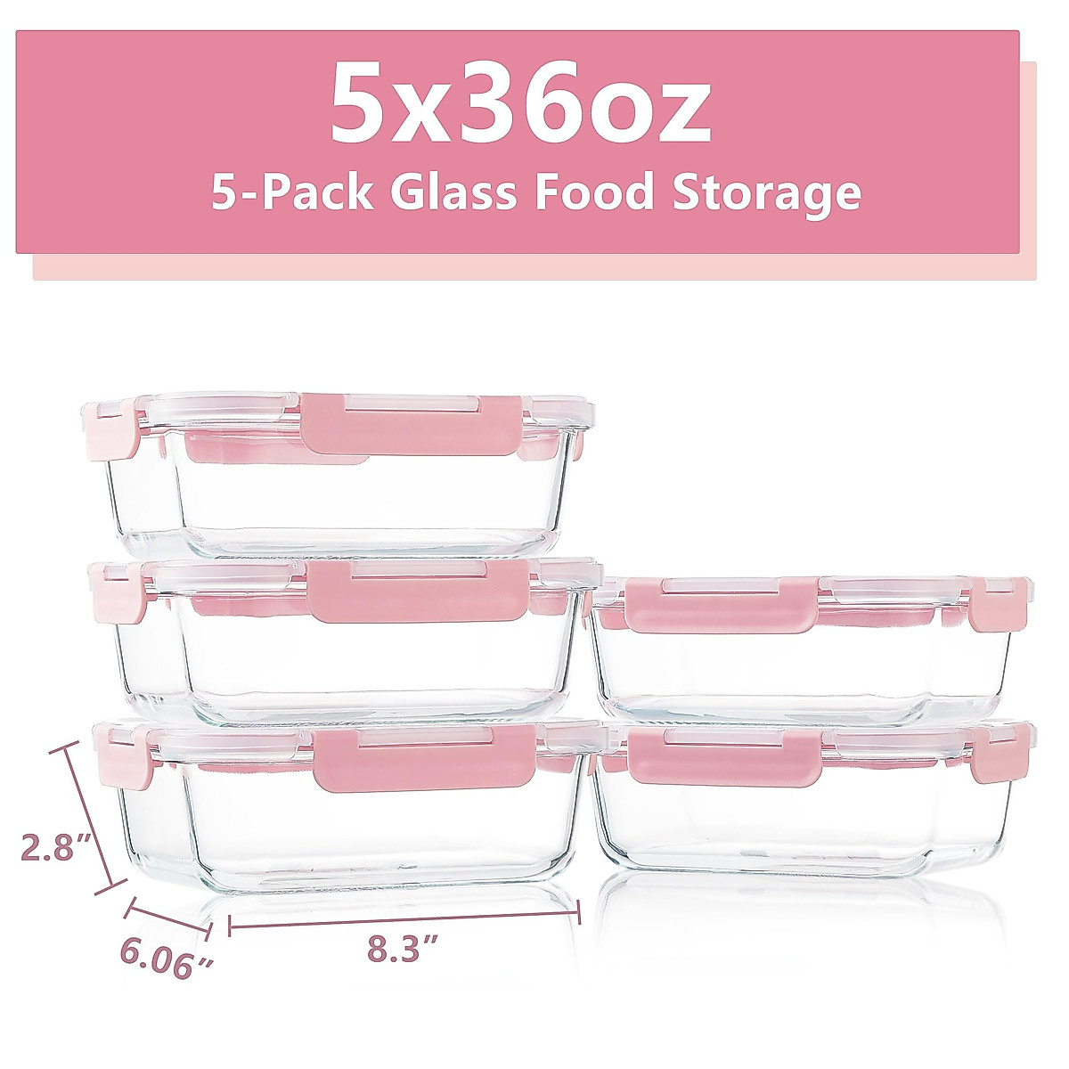 Homhut Glass Food Storage Containers with Lids 36oz Glass Meal Prep Containers Reusable Glass Bento Boxes for Adults Airtight for Microwave, Oven, Freezer and Dishwasher(4.5cup𝘅5pcs)