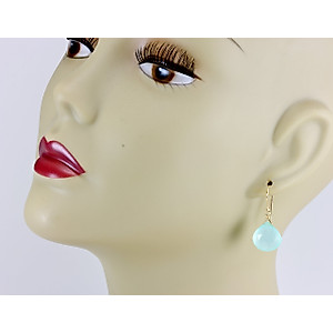 14K Yellow Gold Chalcedony Earrings Soft Aqua Blue Faceted Heart Teardrops Simple Dangles