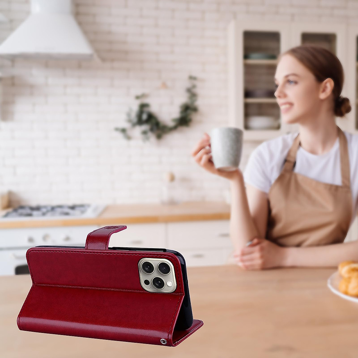 Ephoou Compatible with Apple iPhone 15 Pro Flip Glitter Wallet Case for Women, Pu Leather with Card Slots Crystal Diamond Owl Embossing Shockproof Cover Case for iPhone 15 Pro MTY-Red