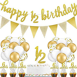 Skylety 51 Pieces 6 Months Birthday Decorations Happy Half Birthday Banner 6 Month Cupcake Topper Pick 1/2 Half Year Cake Topper Triangle Flag Banner Confetti Balloons for Girl Boy Baby Shower (Gold)