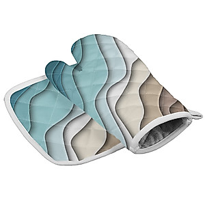 Kitchen Oven Gloves Teal Blue Modern Geometric Oven Mitts Pot Holder Set Brown Abstract Ocean Wave Hot Pad Sets for Kitchen BBQ Cooking Baking Grilling Heat Resistance