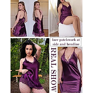 Avidlove Women Lingerie Satin Lace Chemise Nightgown Sexy Full Slips Sleepwear (Small, Dark Purple)