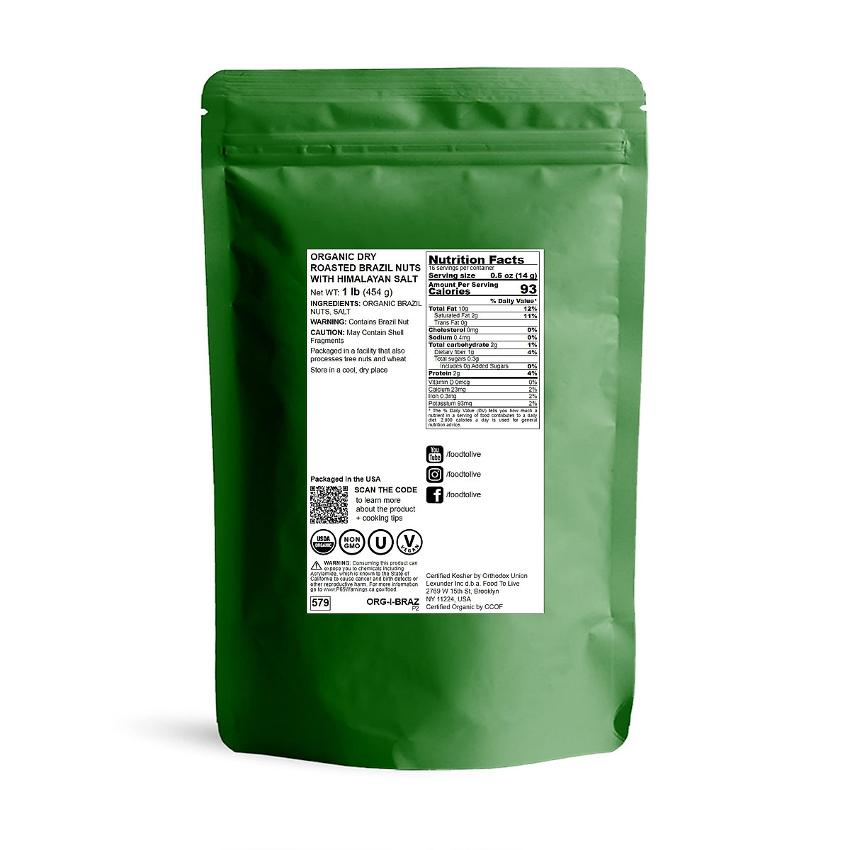 Food to Live Organic Dry Roasted Brazil Nuts with Himalayan Salt, 1 Pound Non-GMO, Oven Roasted, Lightly Salted, No Oil Added, Whole. Vegan, Kosher. High in Protein and Selenium. Keto-Friendly Snack