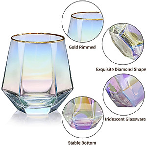 XKXKKE Diamond Wine Glass Set of 2, 10 OZ Modern Stemless Gold Rim Glass Cups Drinking Glassware for Serving Party,Home,Bar, Restaurants Colorful 2 Pack