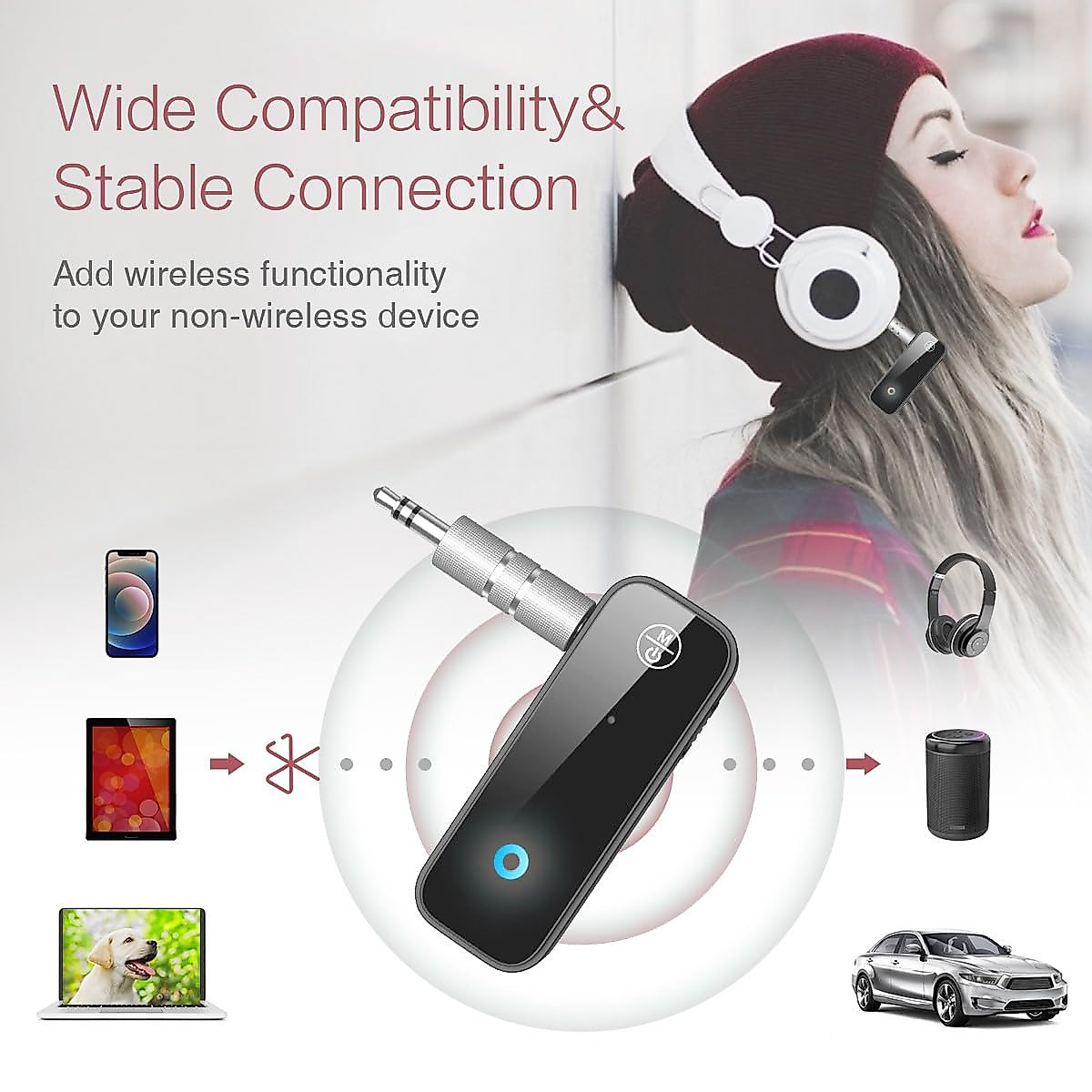 LOFICOPER Bluetooth AUX Adapter for Car, Bluetooth 5.0 Transmitter Receiver, 2 in 1 Wireless 3.5mm Audio Adapter for Cars, Speakers, Stereo Systems, Headphones, Hands-Free Call