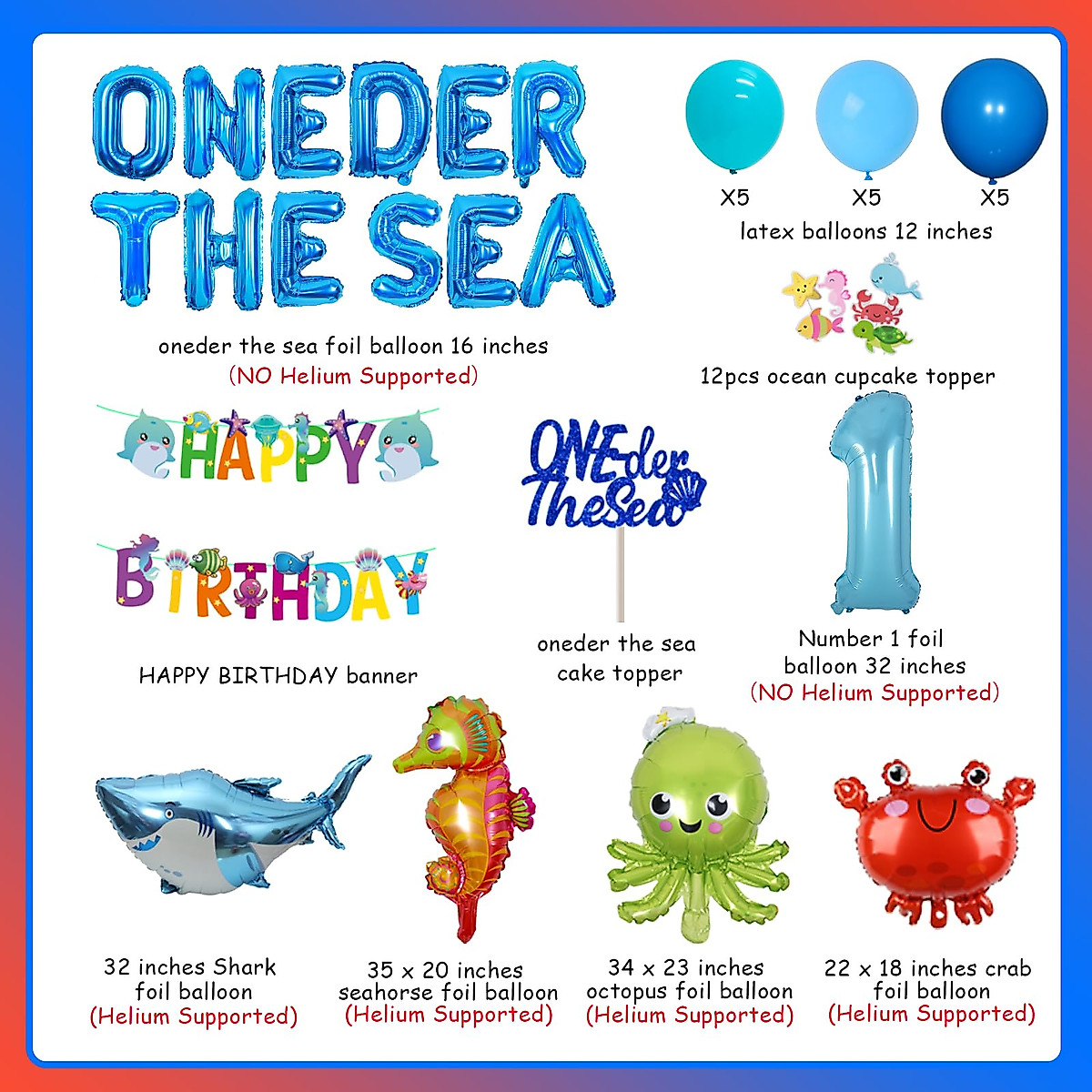 Under The Sea 1st Birthday Decorations - Ocean Ocean Theme First Birthday Party Decorations Ocean Blue Balloons, Oneder The Sea Crab Shark Octopus Seahorse Foil Balloon, Ocean Cake Cupcake Topper