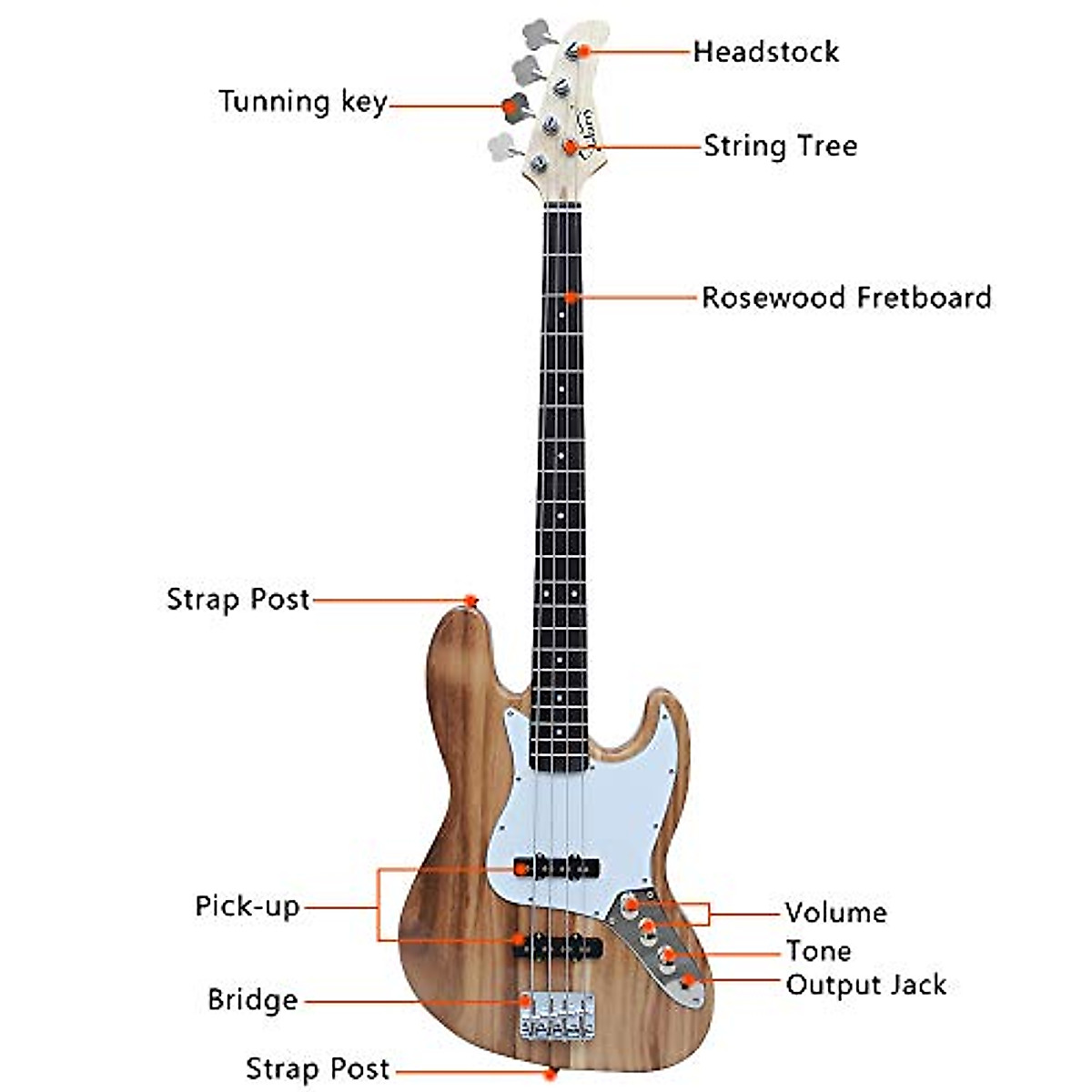 Glarry Gjazz Electric Bass Guitar 4 String Full Size for Beginner Right Hand with Shoulder Strap, Wrench Tool, Power Line and Bag (Burly Wood)