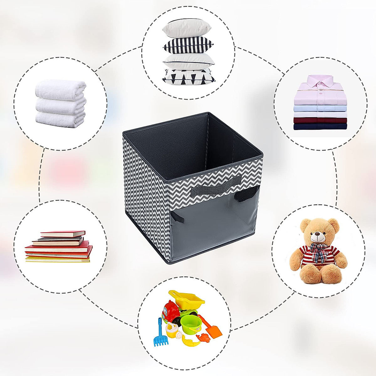 DIMJ Cube Storage Bins, 3 Packs Clear Window Fabric Storage Bin Organizer for Closet Shelves Home Storage Cubes Organizer with Handles