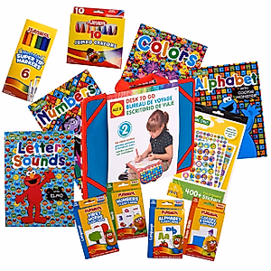GOV Pre School Educational Portable Desk with Playskool Flash Cards, Markers, Crayons, Sesame Street Work Books and Reward Stickers