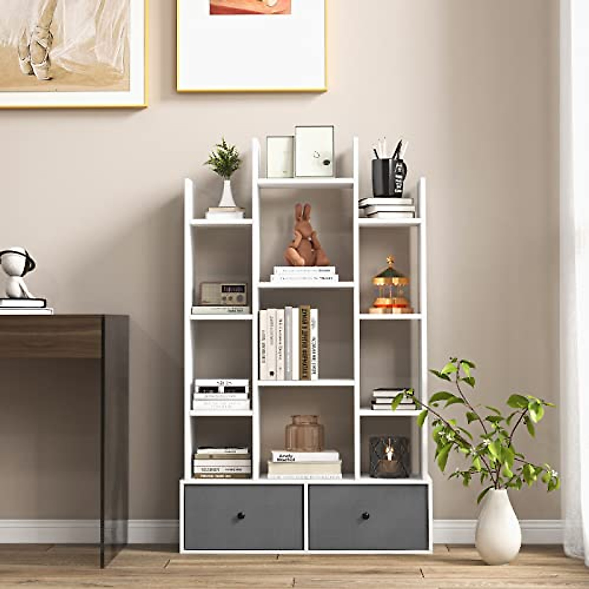 Tangkula Bookshelf with 2 Drawers, Tree-Shaped Bookcase with 12 Open Storage Shelves, Freestanding Industrial Wood Display Cube Shelf, Home Office Books Organizer, 31.5 x 9.5 x 52 Inches