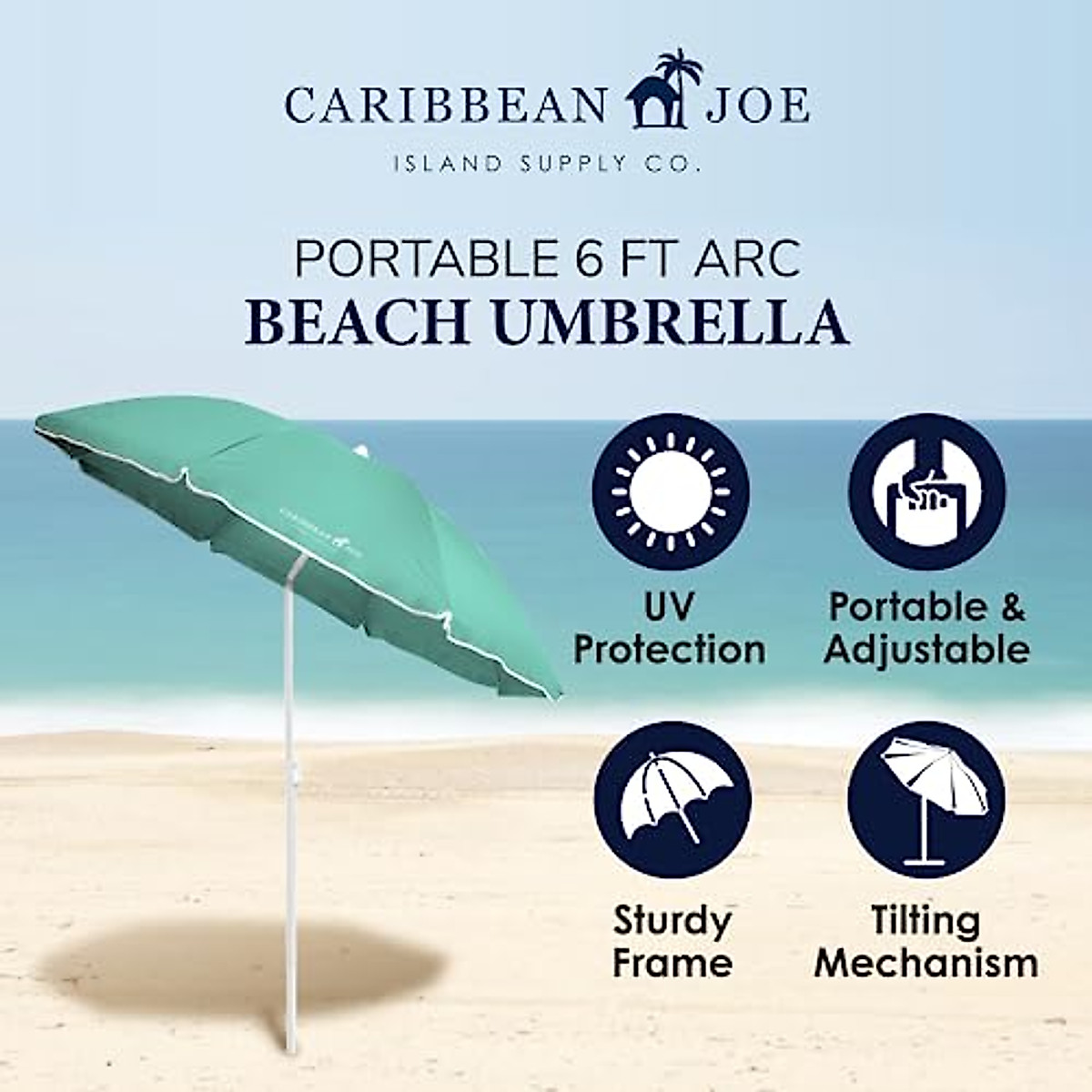 Caribbean Joe Beach Umbrella, Portable Outdoor Sun Umbrella With UV Protection, Shoulder Carry Bag, Full 6 ft Arc, Mint