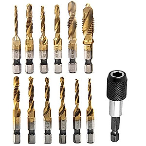aiyun 13 Pieces Drill Tap Set, SAE/Metric Drill Tap Bits Set with Quick Change Adapter, Tap and Drill (HSS4341+HSS4341)