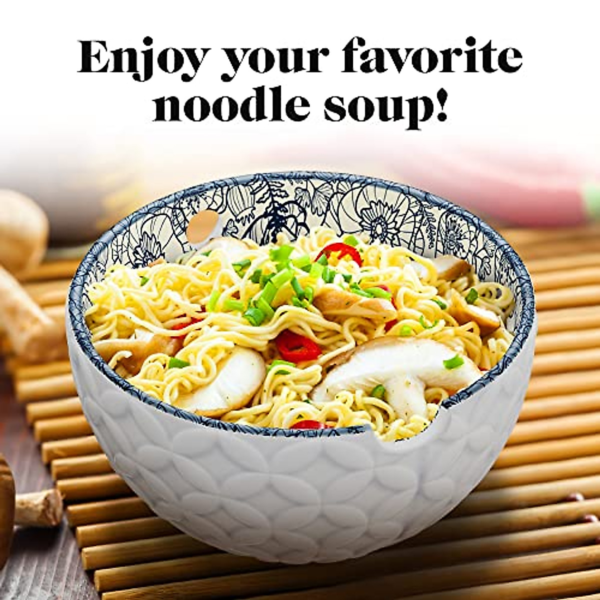 American Atelier Ramen Bowl with Chopsticks | Set of 2 | Soup Bowls for Kitchen | Udon Noodle Bowls with Chopsticks | Stoneware Soup Bowl | 6" Diameter (21 Oz) - Blue Floral Print