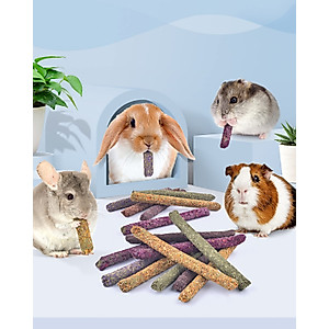 Bissap 36PCS Bunny Chew Sticks, Mixed Natural Timothy Hay Carrot Purple Potato Flowers Rabbit Treats for Bunny Chinchilla Guinea Pig Hamster and Other Small Animals Molar Snack Toy