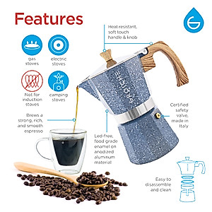 GROSCHE Milano Moka pot, Stovetop Espresso maker, Greca Coffee Maker, Stovetop coffee maker and espresso maker percolator (Indigo, 6 cup)