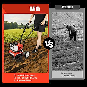 Rototiller Tiller Cultivator, 52CC 2-Stroke Forward Swivel Compact Fork Tiller Gas Motor Cultivator Premium Steel Adjustable Forward Swivel Tine for Garden & Lawn, Digging & Soil Tillage