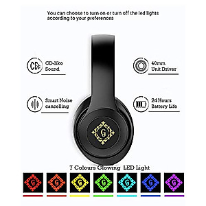 Gdine Bluetooth Headphone w/LED Light, Hi-Fi Stereo Deep Bass Bluetooth 5.0 Headphones, Noise Cancelling, Built-in Mic, Protein Earpads, Foldable & Comfortable Headset for Game, Travel, Home, Office