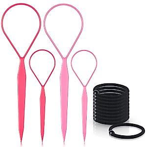 TsMADDTs Topsy Tail Hair Tools, 4 Pcs Hair Loop Styling Tool, Pink, 10pcs Hair Ties