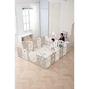 Space playpen:18 Panel Infants Toddler Safety Kids Playpen Activity Center Play Yard W/Lock Door and Basketball Hoop and Large Mat (Gray +White)