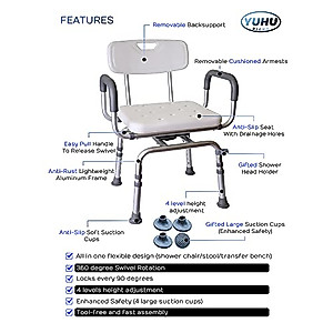 360 Degree Heavy Duty Swivel Shower Chair with Armrests and Back Support, Shower Chair for Inside Shower, Tub Transfer Bench, Shower Stool&Bath Chair(RightHand Handle)