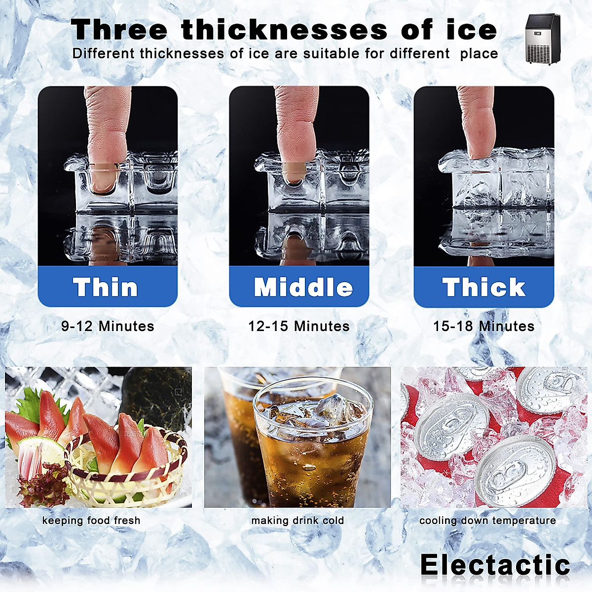 Electactic Ice Maker, Commercial Ice Machine,100Lbs/Day, Stainless Steel Ice Machine with 48 Lbs Capacity, Ideal for Restaurant, Bars, Home and Offices, Includes Scoop Silver
