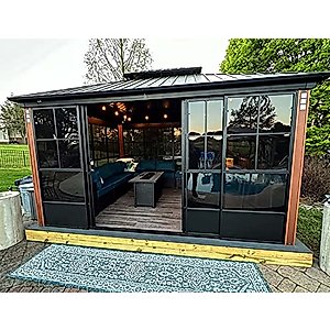 PURPLE LEAF 12' X 14' Patio Hardtop Gazebo Double Top Outdoor Screen House Aluminum Solarium Backyard Sun Room with LED Lights