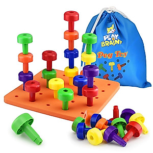 Play Brainy Peg Learning Toy Set – Exciting Montessori Style Colorful Stacking Board Toy for Toddlers & Preschoolers – Perfect for Color Recognition & Matching (30 Pegs)
