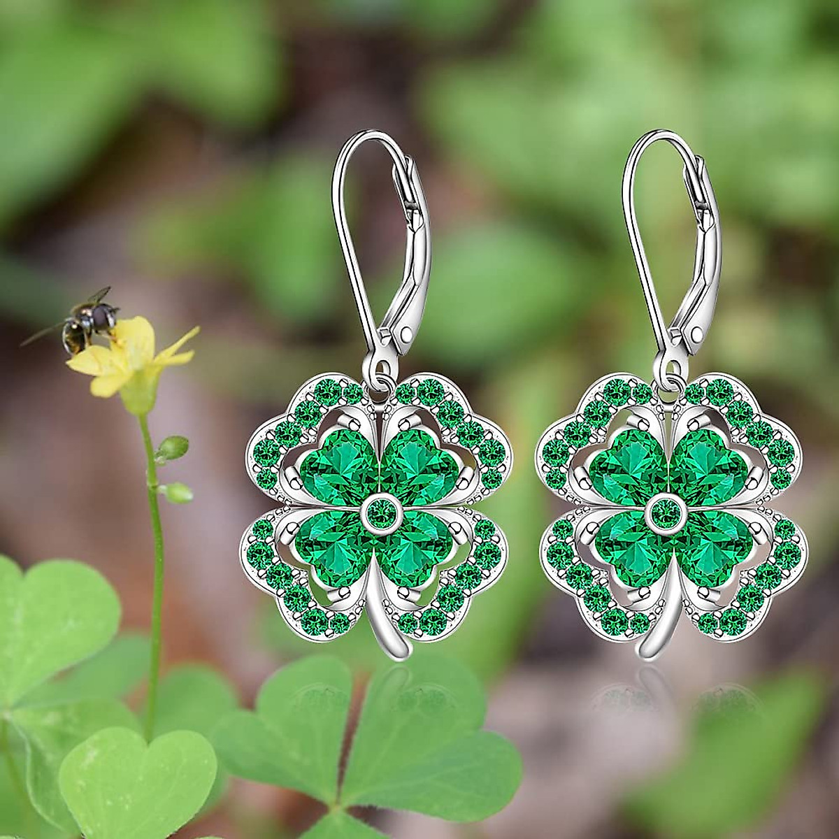 Shamrock Earrings St Patrick’s Day Earrings Four Leaf Clover Earrings for Women Sterling Silver Lucky Dangle Drop Green Clover Irish Celtic Gifts