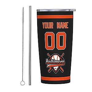 Baltimore Custom Baseball 20oz Tumbler,Add Personalized Name And Number,Personalized Travel Coffee Mug, Stainless Steel, Insulated, Keep Drinks Cold And Hot,Gifts For Baseball Fans