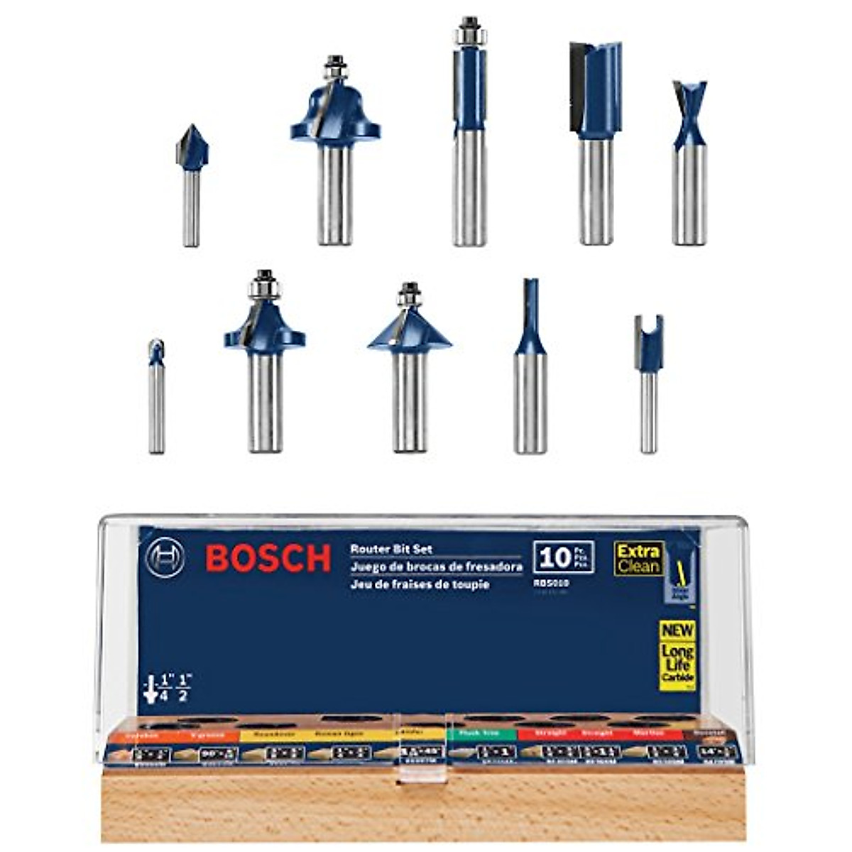 BOSCH RBS010 10-Piece 1/2 In. and 1/4 In. Shank Carbide-Tipped All-Purpose Professional Router Bits Assorted Set with Case for Applications in Straight, Trimming, Decorative Edging, Dovetail Joinery