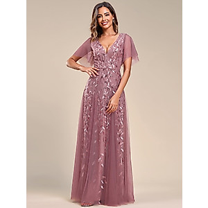 Ever-Pretty Women's Sequin Sparkly V-Neck Short Sleeve Maxi Evening Dress Prom Gowns Orchid US12