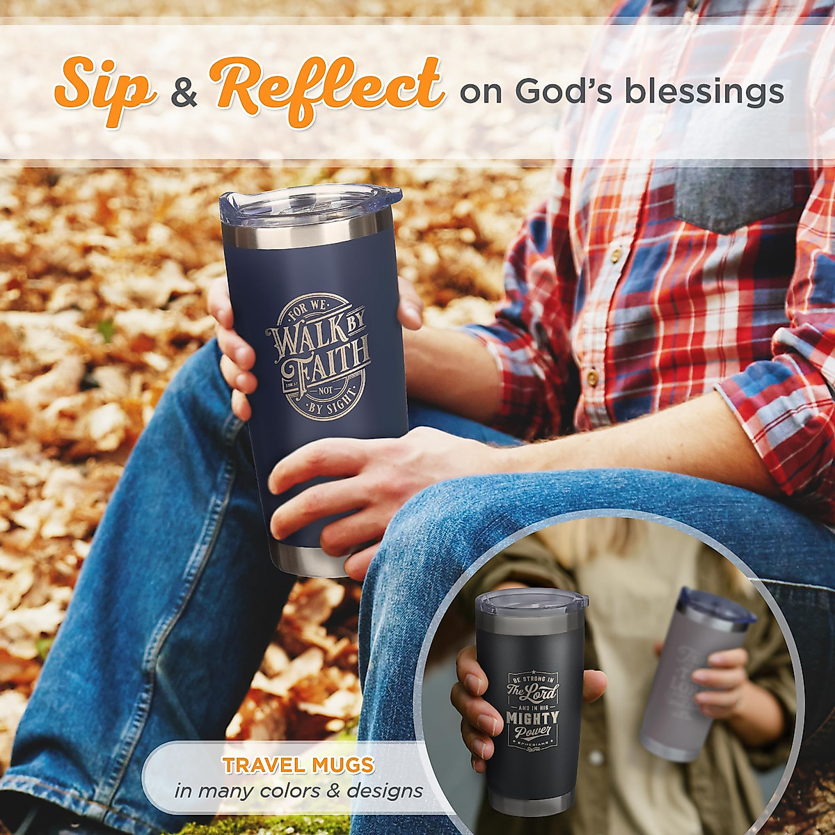Christian Art Gifts Large Travel Tumbler for Men & Women Stainless Steel Vacuum Insulated Inspirational Scripture: Walk by Faith, Retractable Lid, Navy Blue, 18 oz.