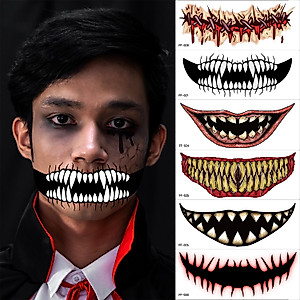 KSTBJN Halloween Temporary Tattoos, Horror Mouth Halloween Temporary Stickers 10 Sheets Prank Makeup Face Decals Halloween Clown Bloody Mouth Fake Tattoos Prank Props for Halloween Party Decorations
