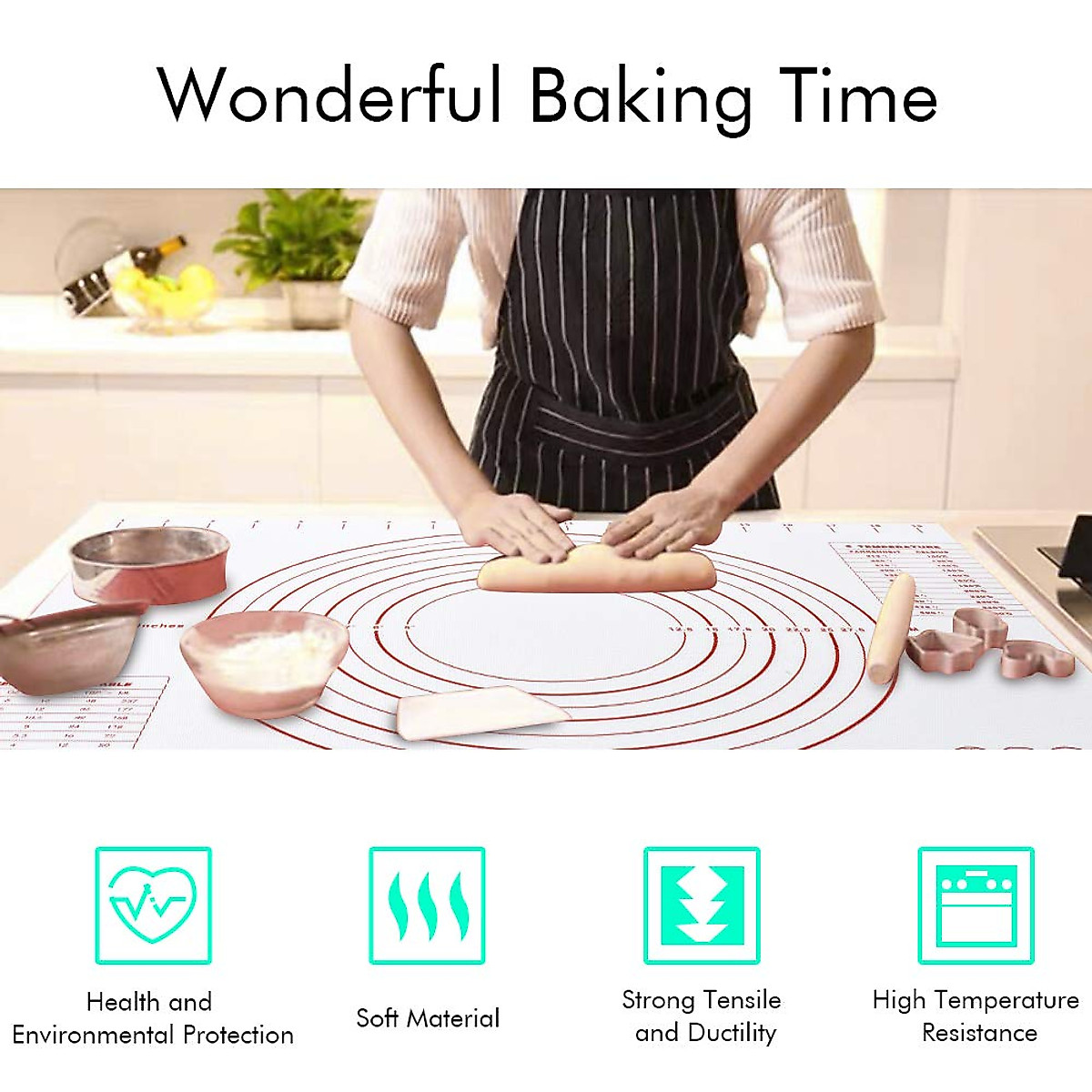 Asenky Food Grade Nonstick Silicone Pastry Bakers Mat,24”x16" Large Dough Rolling Mat with Measurements for Kneading Pie Crust Bread Cookies,Oven Liner