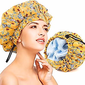 Luxury Shower Cap for Women, Waterproof Reusable Shower Caps Double Layers Microfiber Terry Lined with Dry Hair Function, Extra Large for Long Hair, Adjustable for Most Heads Size