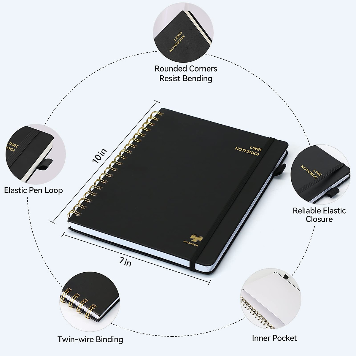 Soomeet Lined Spiral Journal Notebook with Pen Loop, 100 GSM Thick Paper, Large 7 inches x 10 inches Notebook Wire Bound Journal Work Notebook for Office School Supply, Hardcover, Black